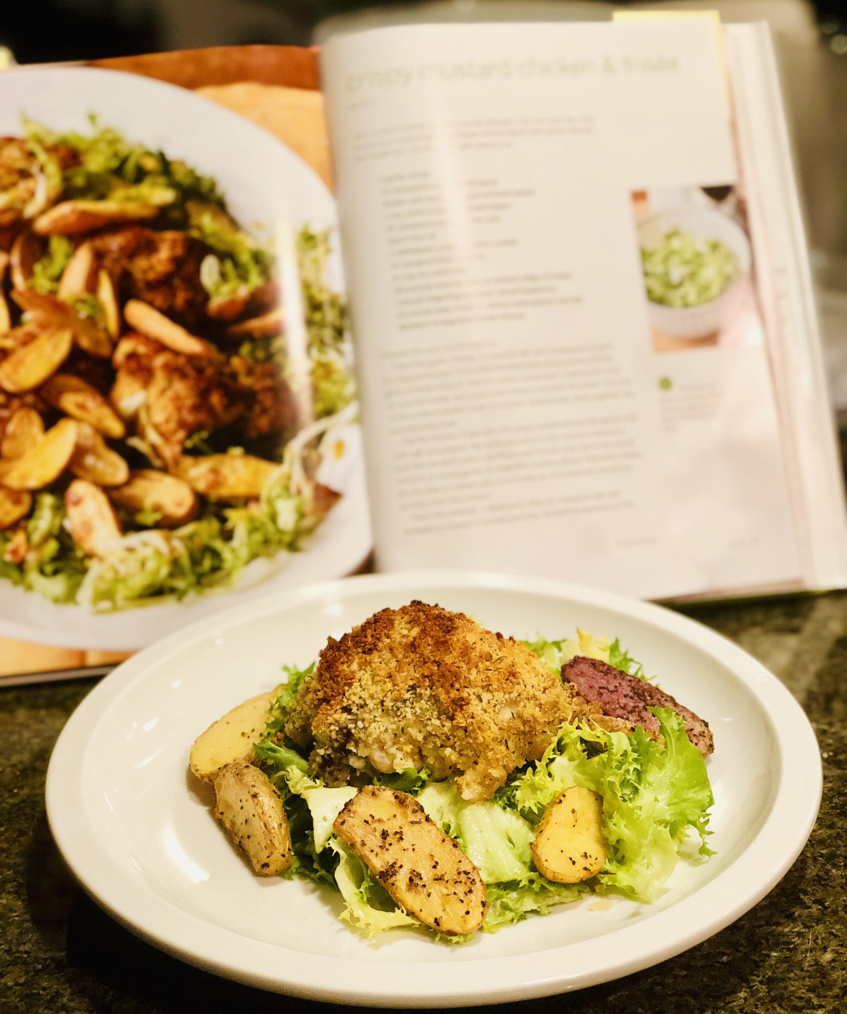Crispy Mustard Chicken with Fingerling Potatoes and Frisee Salad | YUM ...